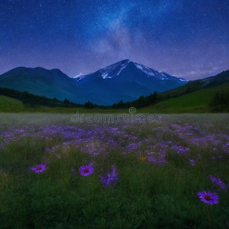 Flowering Field Under Starry Sky. Flowering Field beside Lake with ...