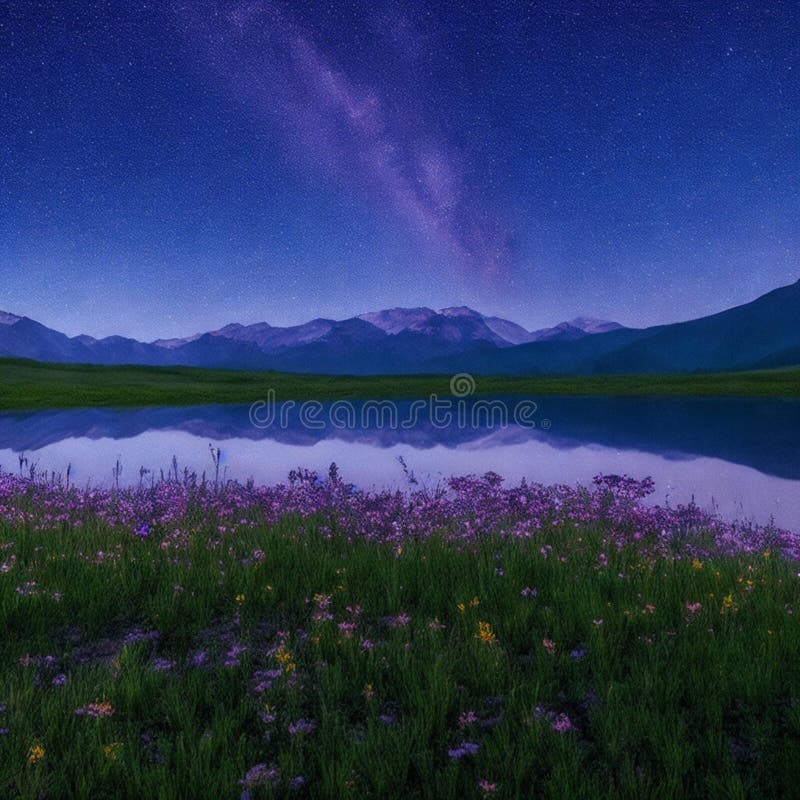 Flowering Field Under Starry Sky. Flowering Field beside Lake with ...