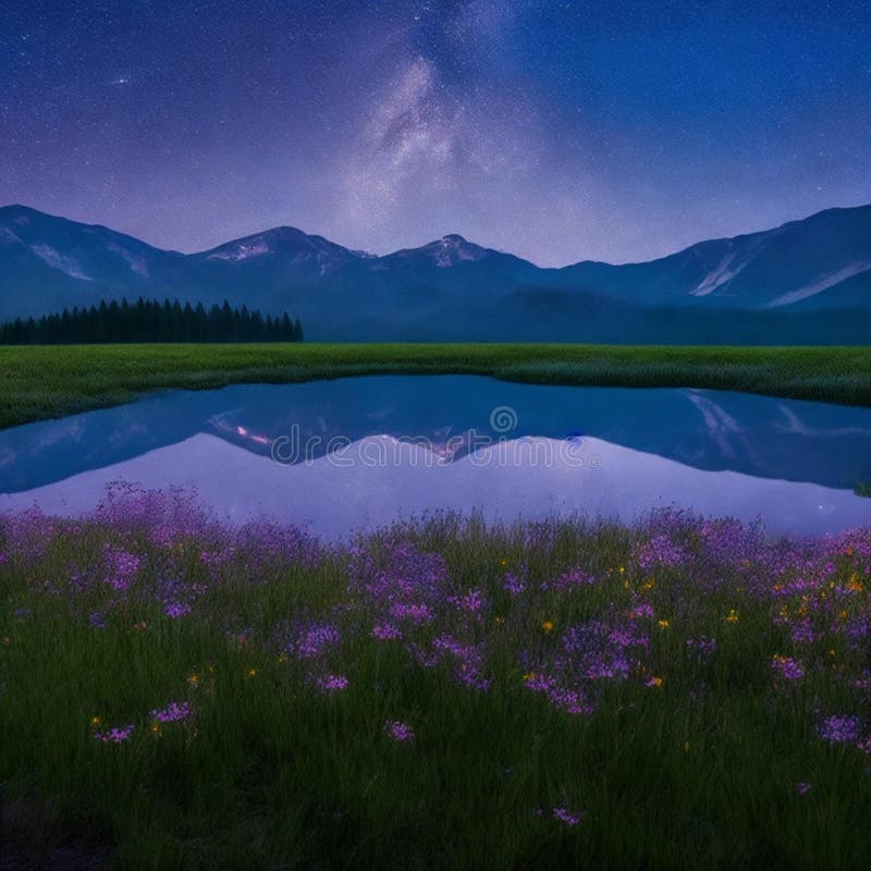 Flowering Field Under Starry Sky. Flowering Field beside Lake with ...