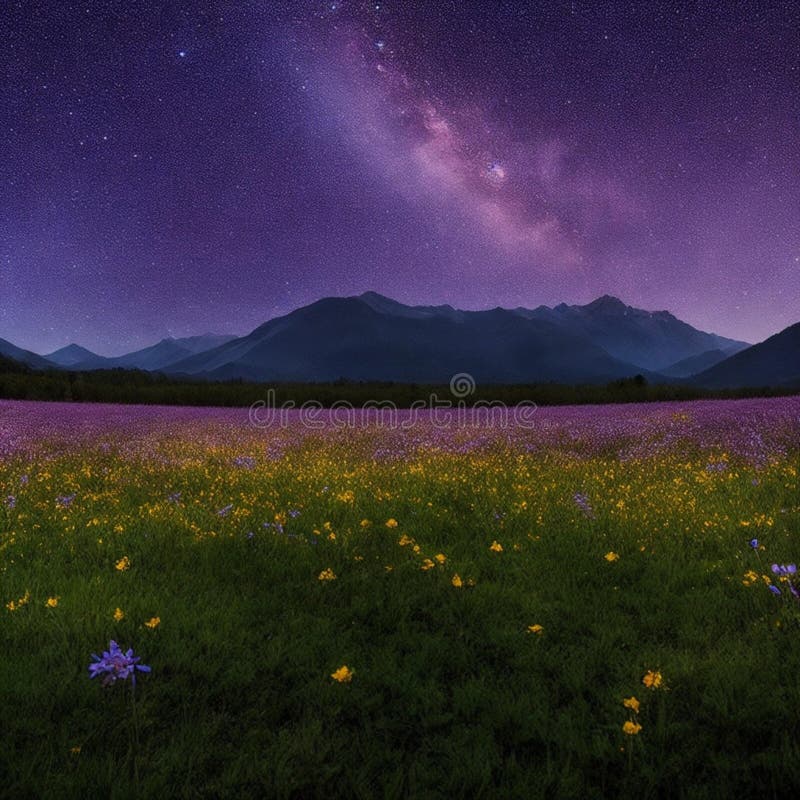Flowering Field Under Starry Sky. Flowering Field beside Lake with ...