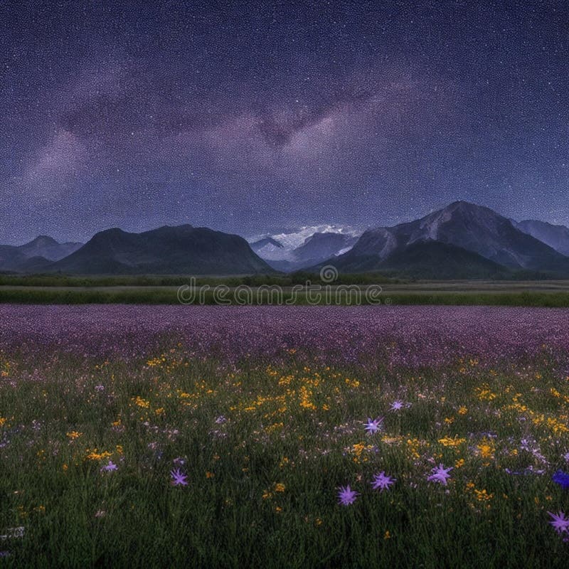 Flowering Field Under Starry Sky. Flowering Field beside Lake with ...
