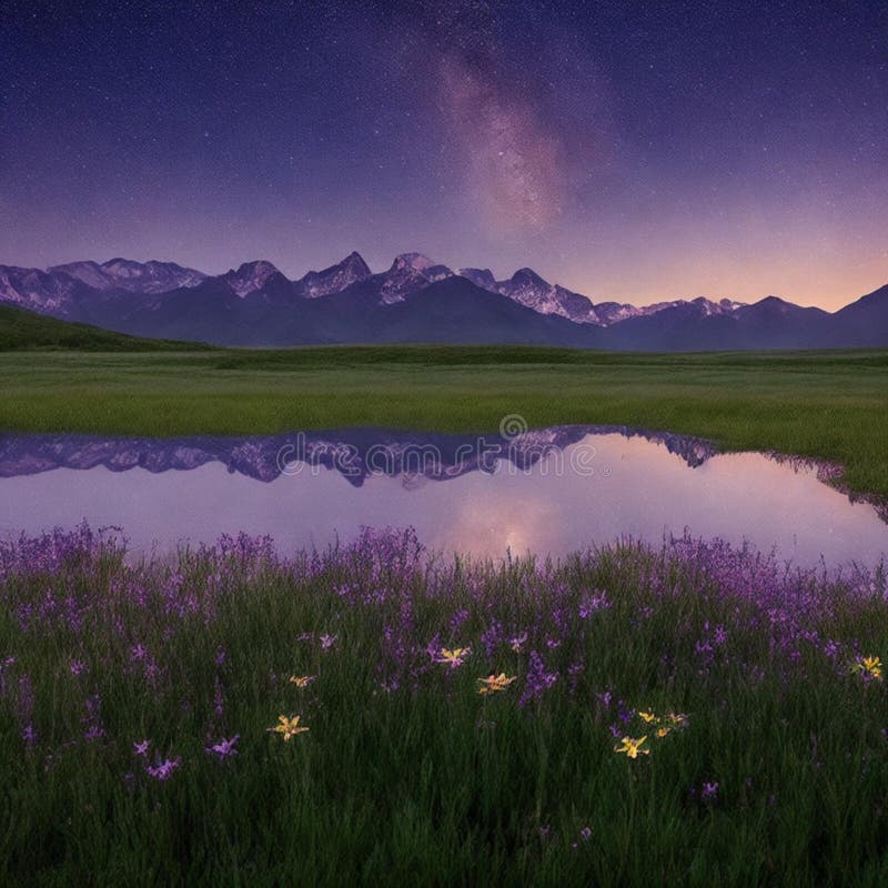 Flowering Field Under Starry Sky. Flowering Field beside Lake with ...