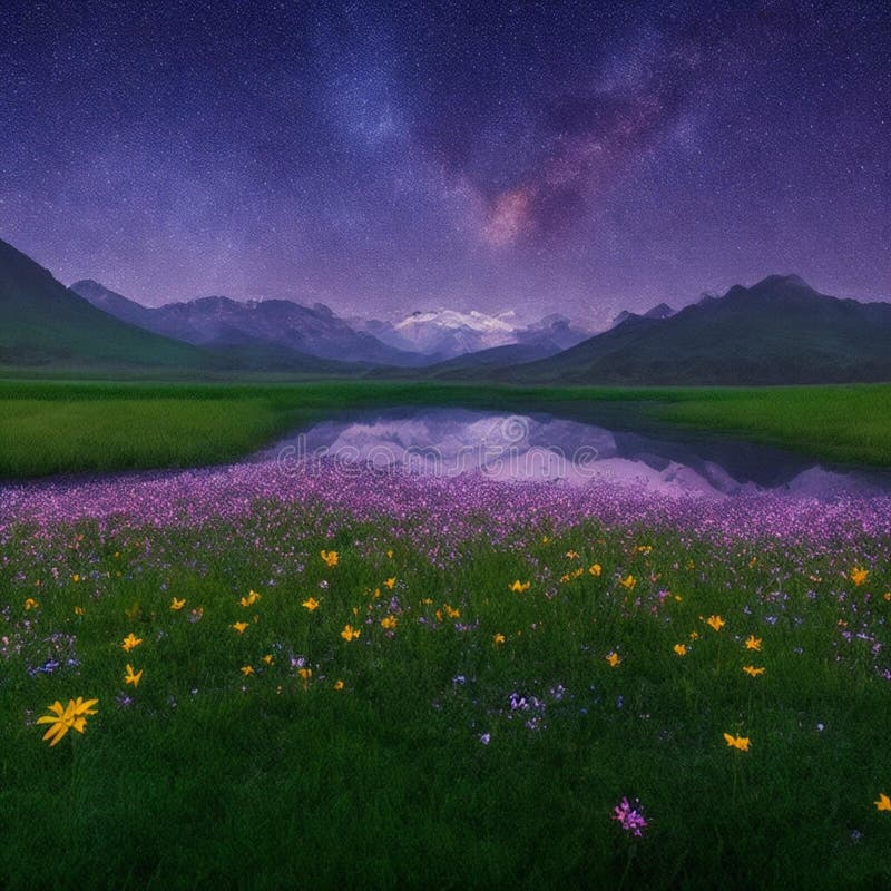 Flowering Field Under Starry Sky. Flowering Field beside Lake with ...