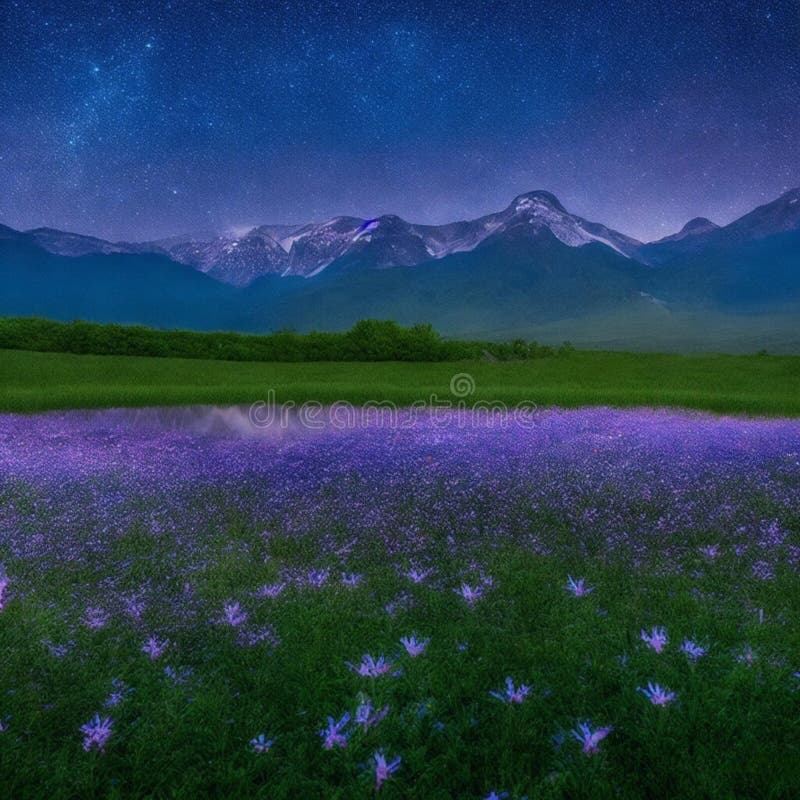 Flowering Field Under Starry Sky. Flowering Field beside Lake with ...