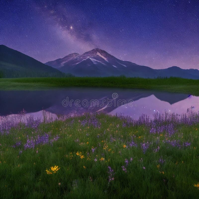 Flowering Field Under Starry Sky. Flowering Field beside Lake with ...