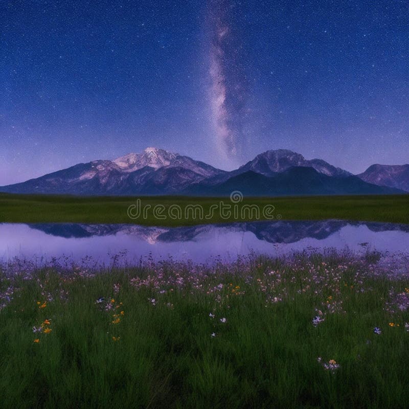 Flowering Field Under Starry Sky. Flowering Field beside Lake with ...