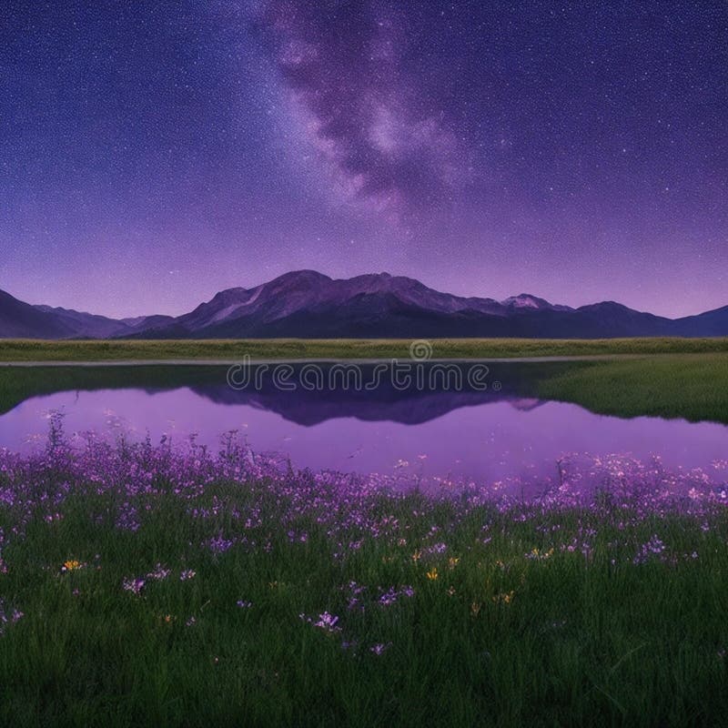 Flowering Field Under Starry Sky. Flowering Field beside Lake with ...