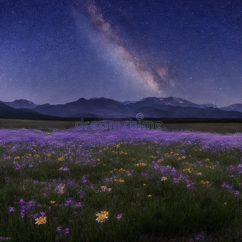 Flowering Field Under Starry Sky. Flowering Field beside Lake with ...