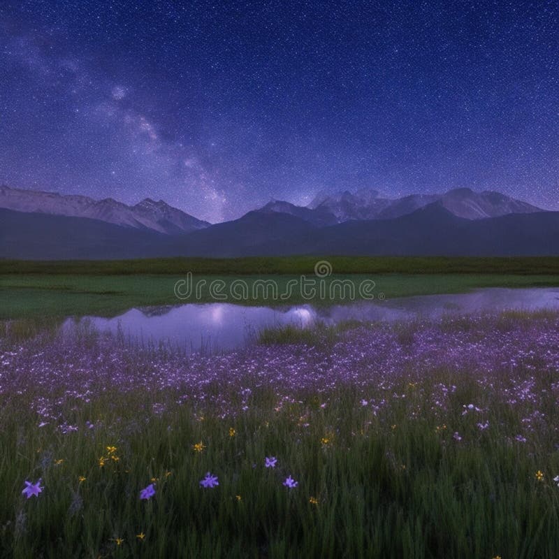 Flowering Field Under Starry Sky. Flowering Field beside Lake with ...