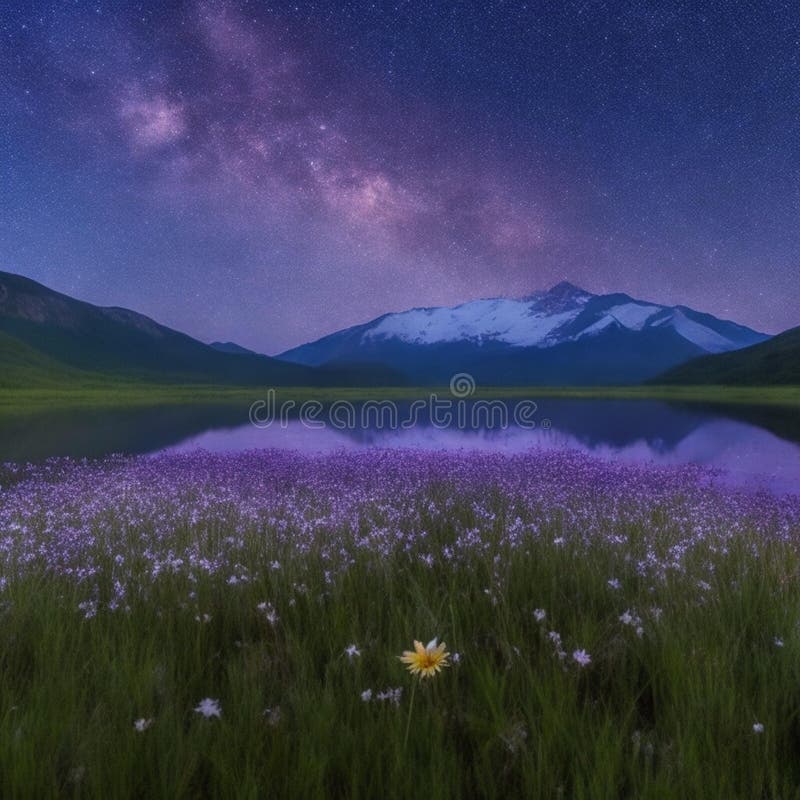 Flowering Field Under Starry Sky. Flowering Field beside Lake with ...