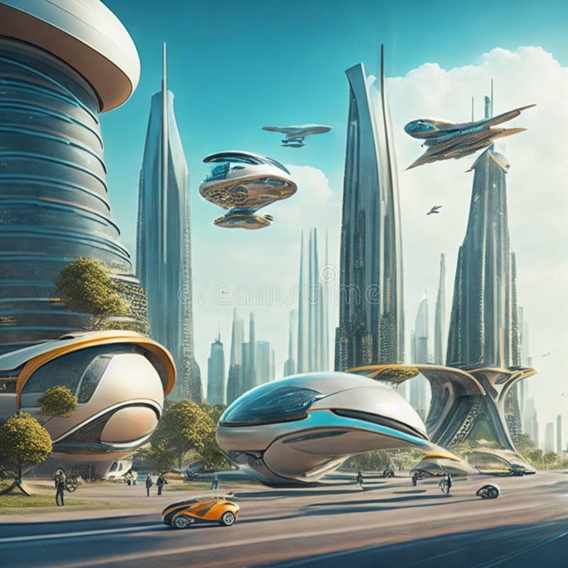 Flying Cars in Futuristic City. Modern Architecture. Ecological City ...
