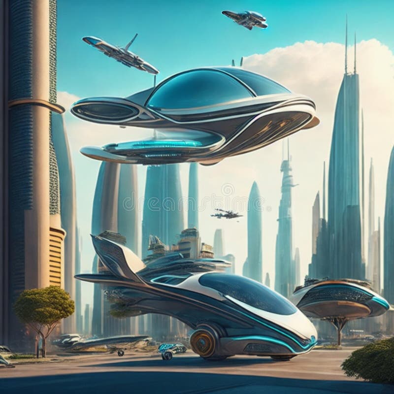 Flying Cars in Futuristic City. Modern Architecture. Ecological City ...