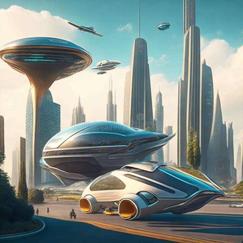 Flying Cars in Futuristic City. Modern Architecture. Ecological City ...