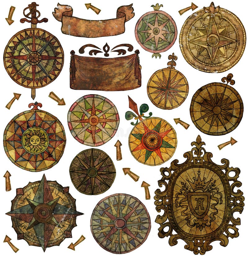 Design Set with Colorful Hand Drawn Old Compasses or Rose Winds Stock ...