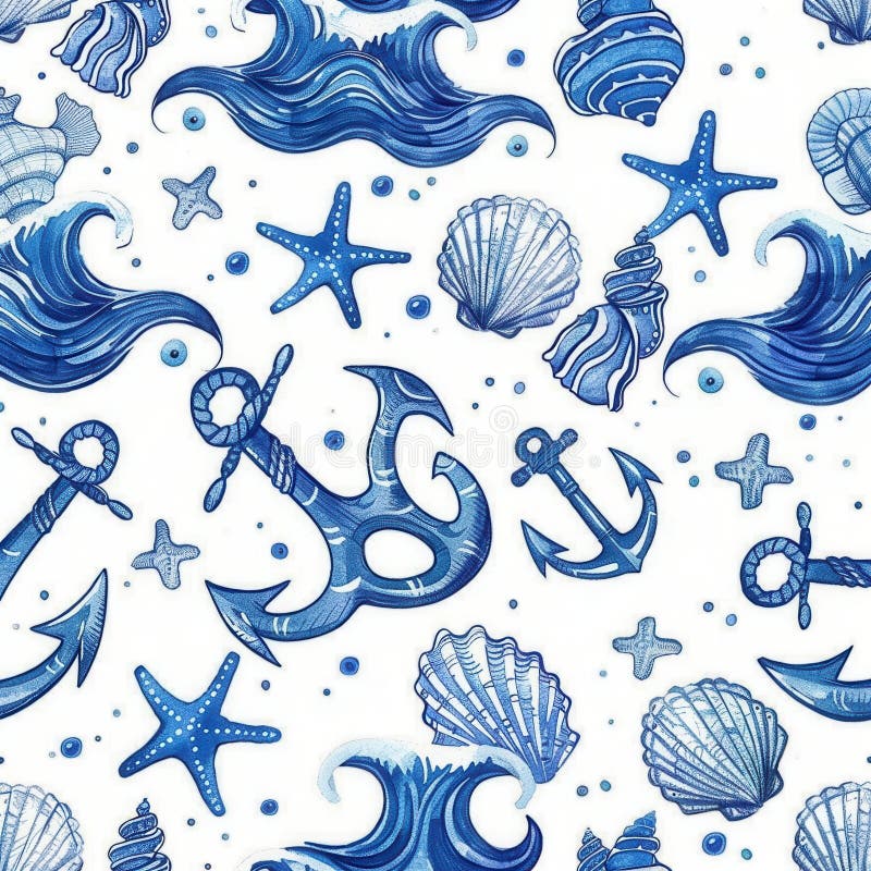 This Design Showcases a Vibrant Nautical Theme with Anchors, Shells ...