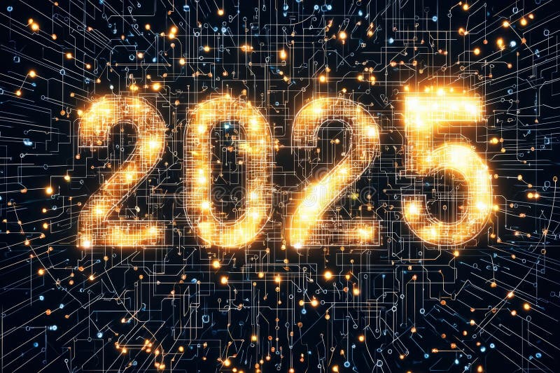 Digital Representation of the Year 2025 with Glowing Circuitry Elements ...