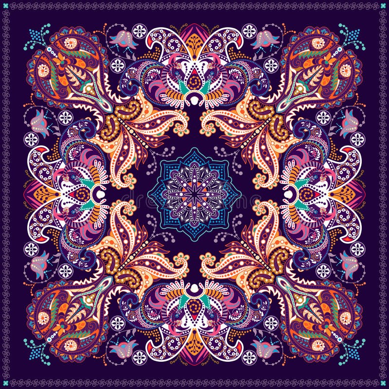 Design For Square Pocket, Shawl, Textile. Paisley Floral Pattern Stock ...