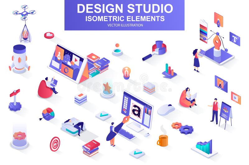 Design Studio Bundle of Isometric Elements. Ui UX Design, Font ...