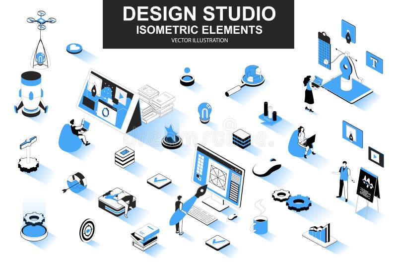 Design Studio Bundle of Isometric Elements. Ui UX Design, Font ...
