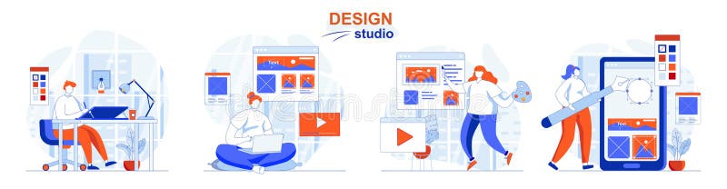 Design Studio Concept Set. Illustrators Draw Graphic Elements and ...