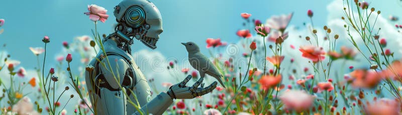 Design a Surreal 3D Rendering Featuring a Humanoid Android Tenderly ...