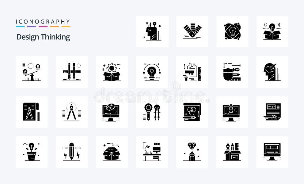 25 Design Thinking Solid Glyph Icon Pack Stock Vector - Illustration of decision, roller: 264637055
