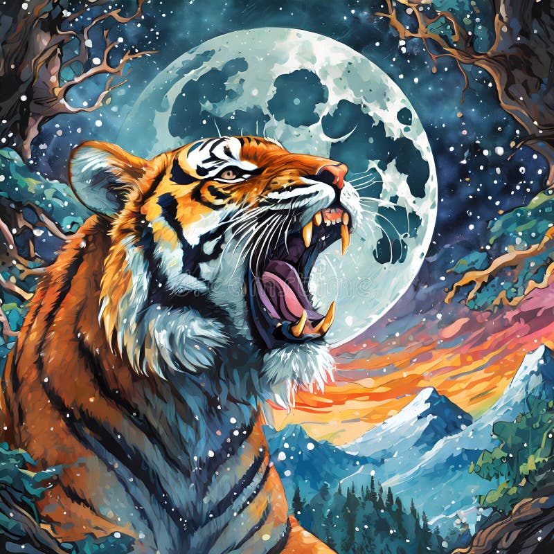 Design Tiger Howling at the Moon, Detailed Illustration, Computer Art ...