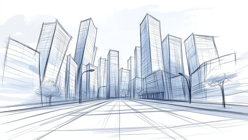 Design of an Urban Skyline Illustrated in Line Art Stock Photo - Image ...