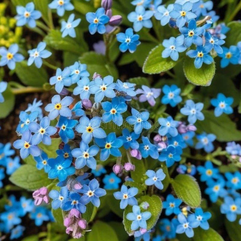 Close-up Photo of Forget-me-nots, Accompanied by Green Leaves. AI ...