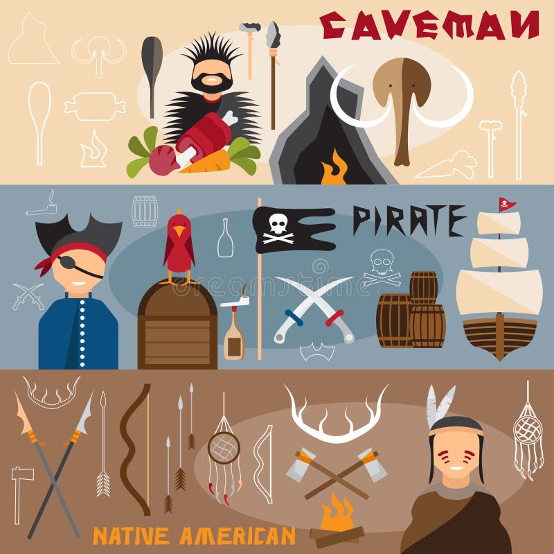 Design Vector Banners with Caveman,pirate and Native Americ Stock ...
