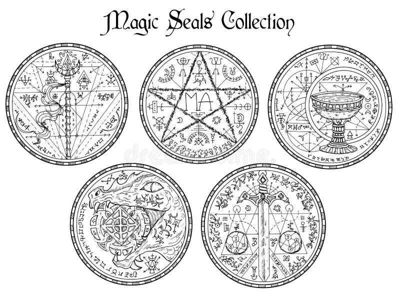 Design Vector Set with Black and White Magic Seals and Mystic Symbols ...