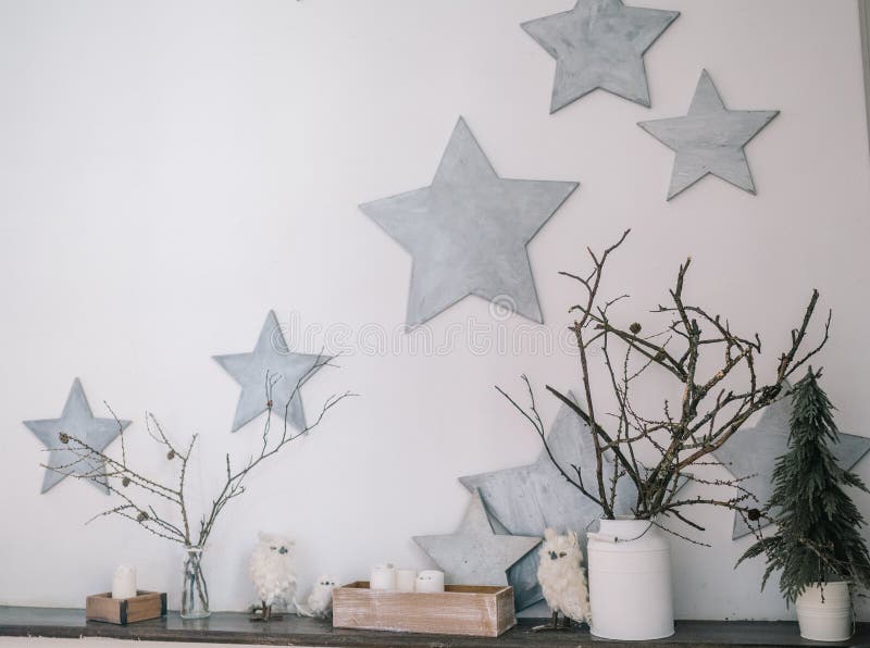 The Design of the Wall, the Interior. Star. Dry Branches Candles Stock ...