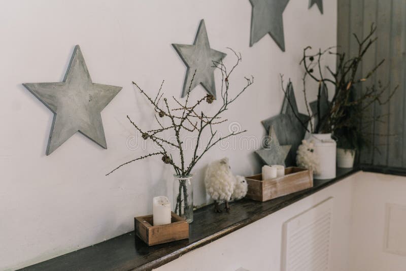 The Design of the Wall, the Interior. Star. Dry Branches Candles Stock ...