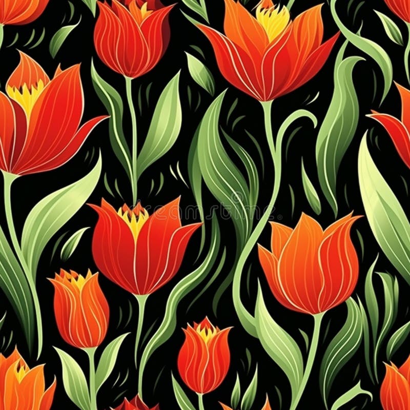 Design of Watercolored Seamless Blue Tulip Pattern with Leaves Stock ...