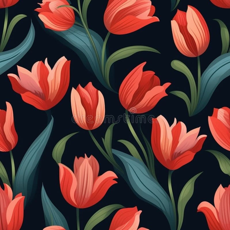 Design of Watercolored Seamless Blue Tulip Pattern with Leaves Stock ...