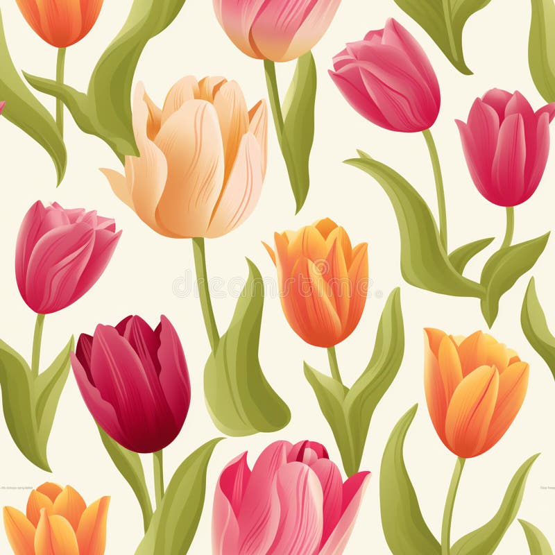 Design of Watercolored Seamless Blue Tulip Pattern with Leaves Stock ...