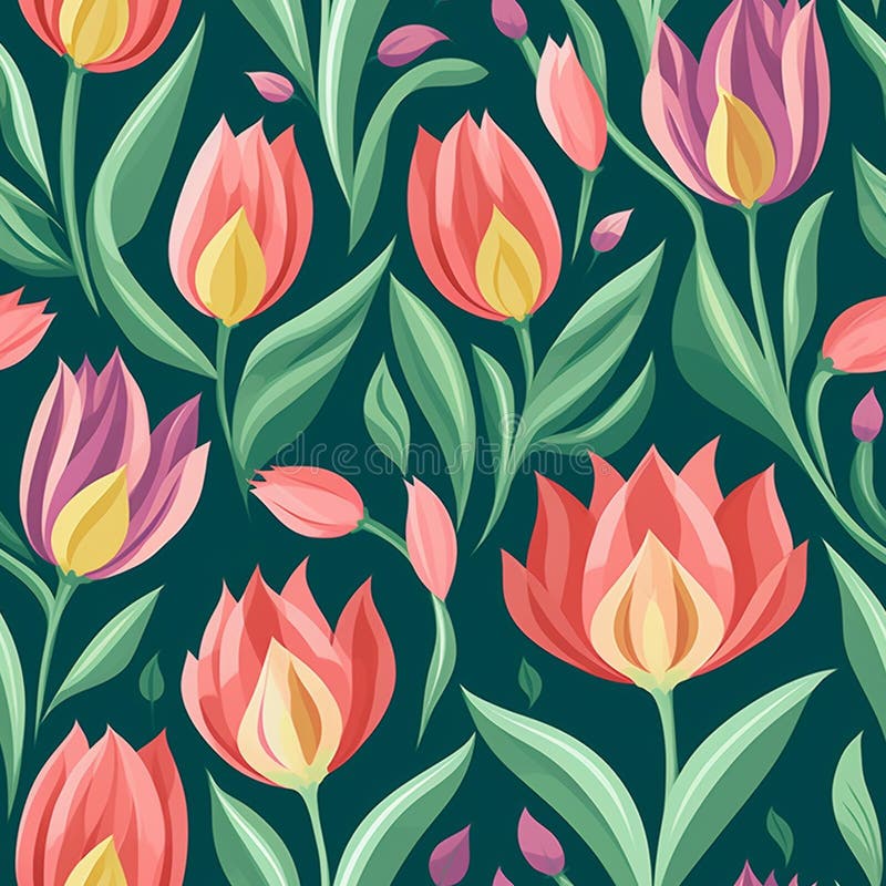 Design of Watercolored Seamless Blue Tulip Pattern with Leaves Stock ...