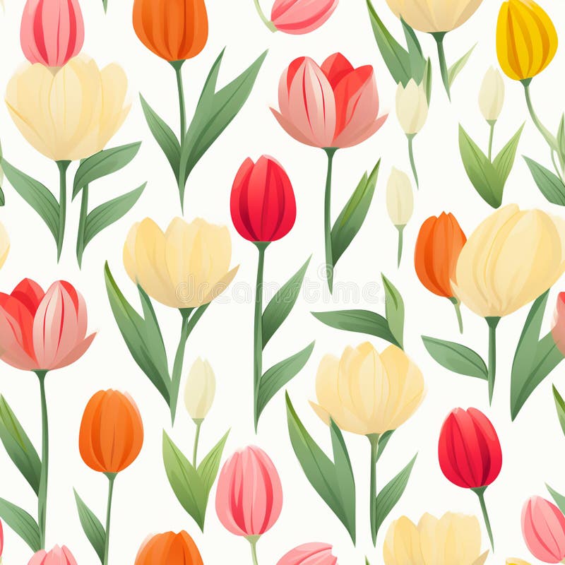 Design of Watercolored Seamless Blue Tulip Pattern with Leaves Stock ...