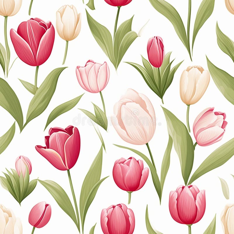 Design of Watercolored Seamless Blue Tulip Pattern with Leaves Stock ...