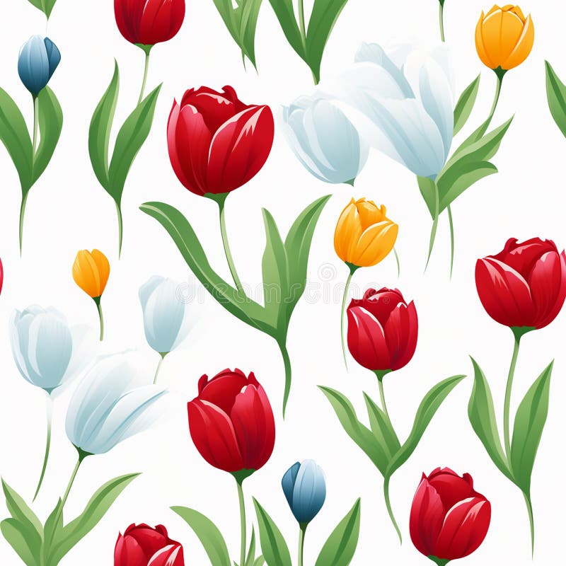 Design of Watercolored Seamless Blue Tulip Pattern with Leaves Stock ...
