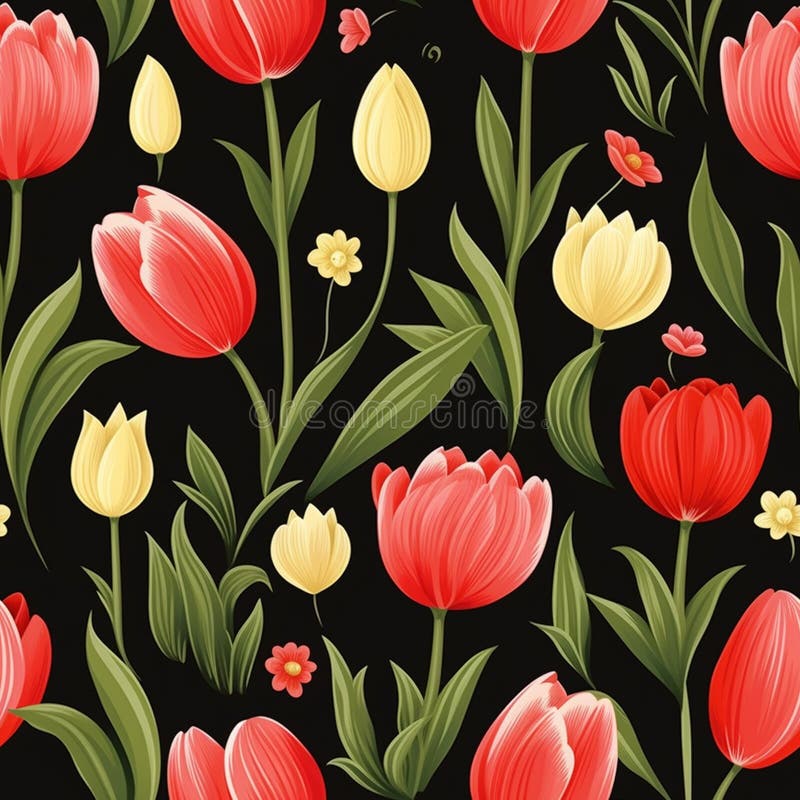 Design of Watercolored Seamless Green Tulip Pattern with Leaves Stock ...