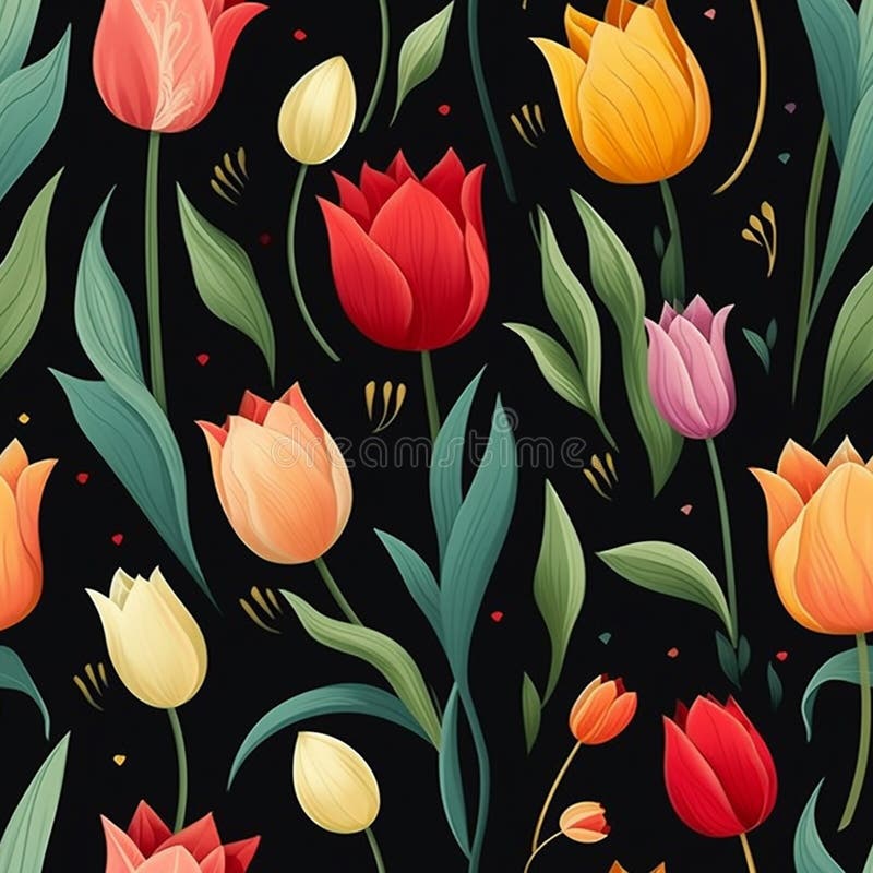 Design of Watercolored Seamless Green Tulip Pattern with Leaves Stock ...