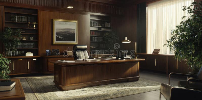 Design a Wooden Office Interior with a Chair and Desk Setup Stock ...