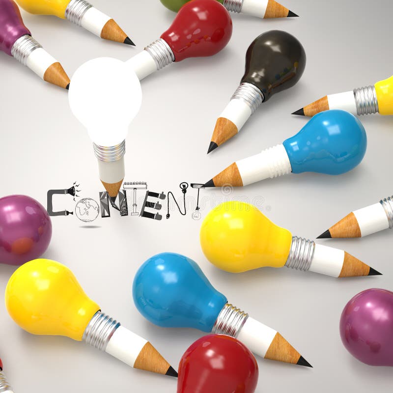 Design Word CONTENT and Pencil Lightbulb 3d Stock Illustration ...
