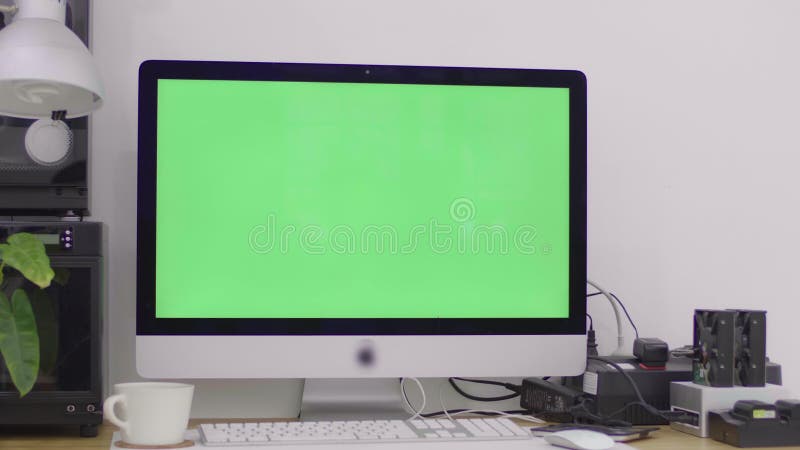 Computer with Green Screen in Office, Chroma Key Stock Video - Video of ...