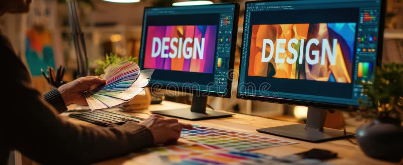 The Designer Analyzing Color Palettes at a Creative Workspace with Dual ...