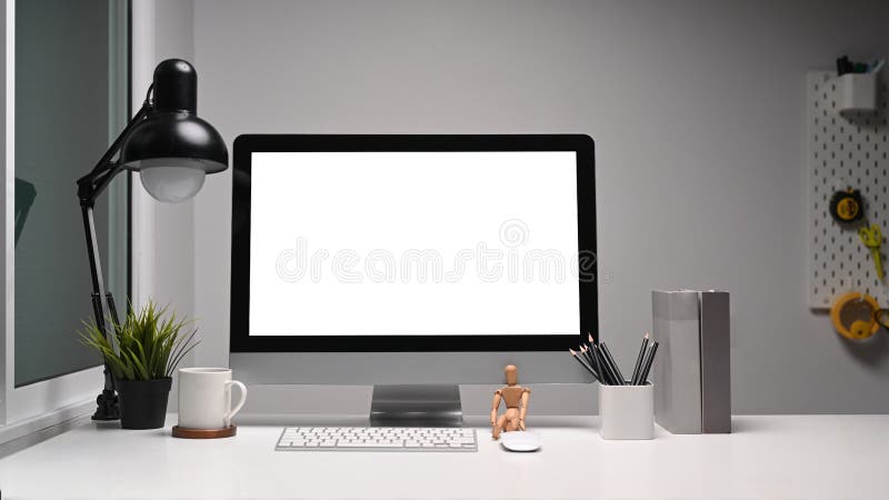 Designer or Artist Comfortable Work Table with Blank Screen Computer ...