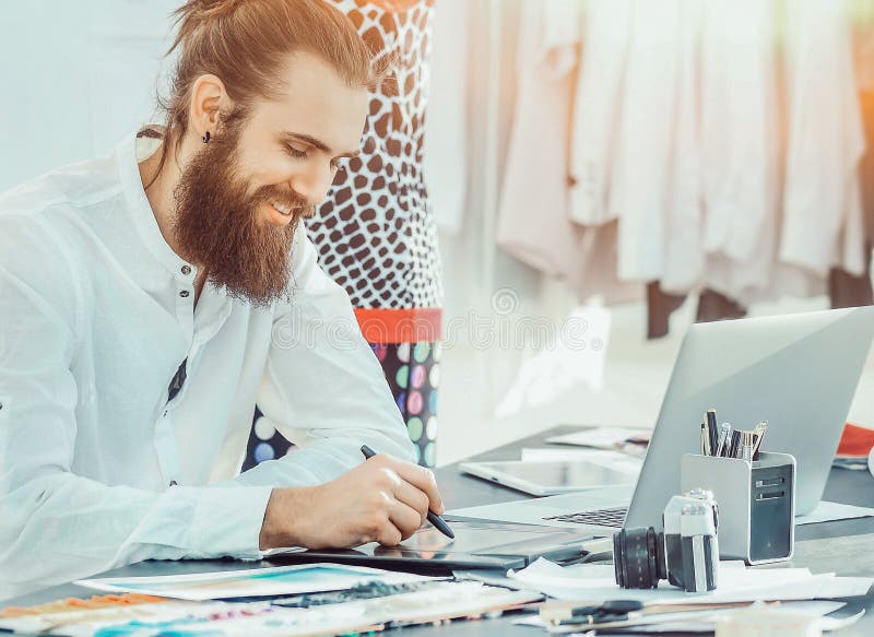 Designer with a Beard is Working on New Collection Stock Image - Image ...