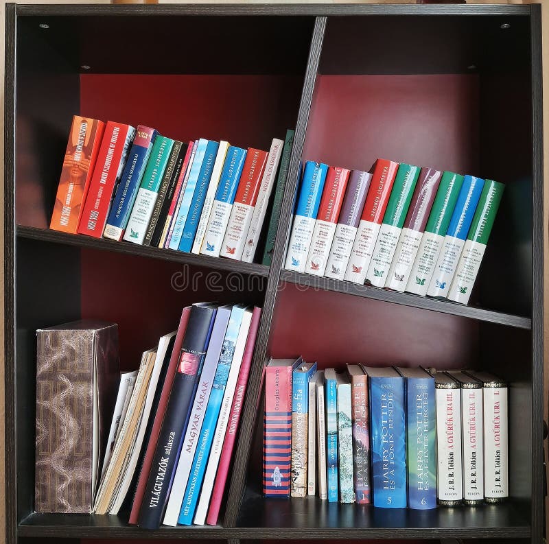 A Designer Bookshelf with Deep Red Backplate Stock Image - Image of ...