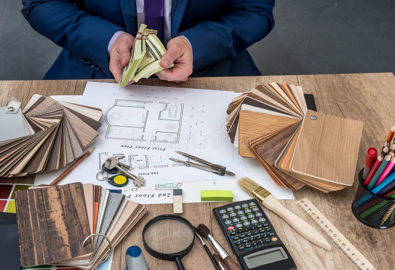 Designer Counts the Money for the Work Stock Image - Image of architect ...